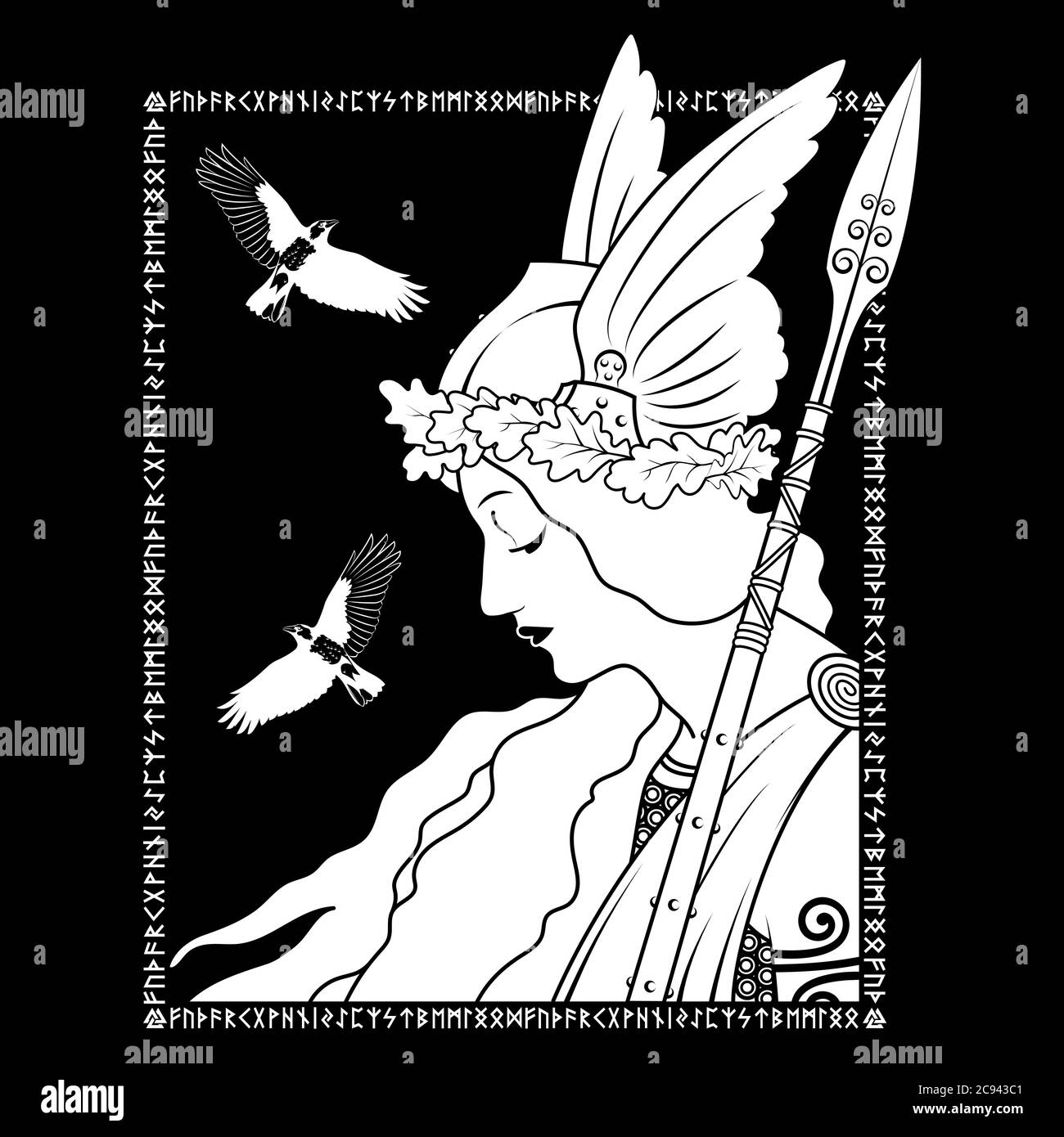 Valkyrie and two raven, illustration to Scandinavian mythology, drawn in Art Nouveau style Stock ...