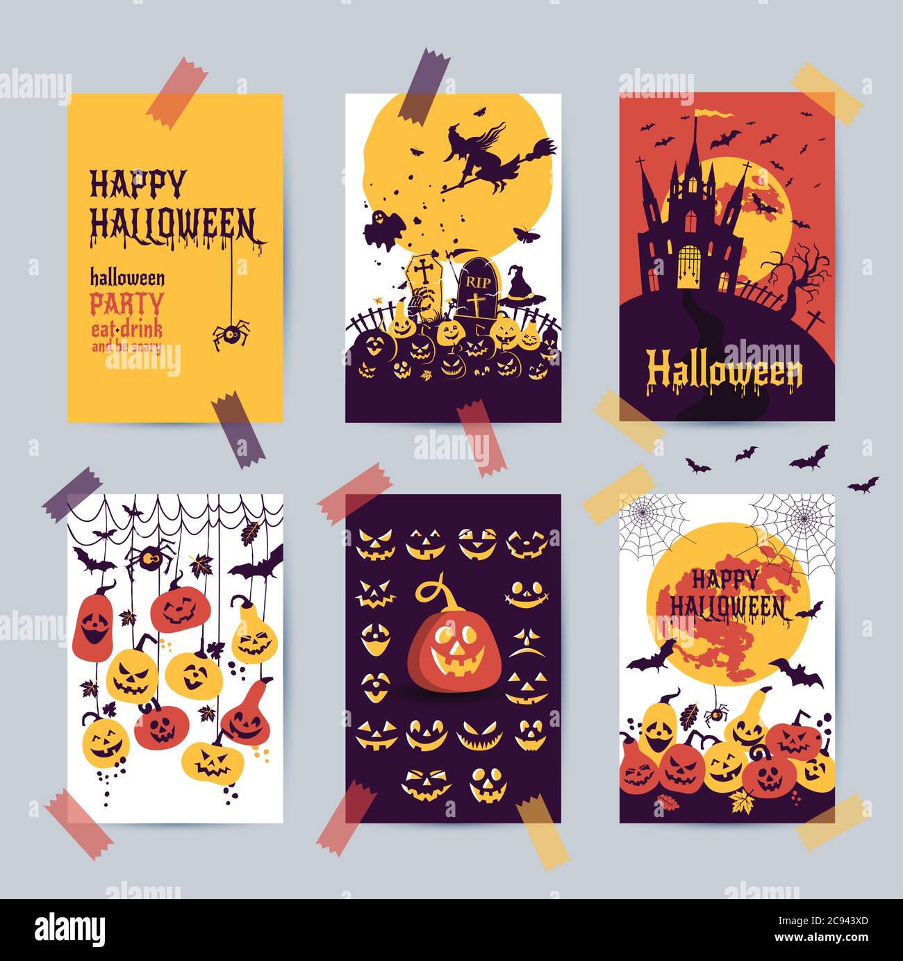 Happy halloween banner. Set of vector design postcards icons elements ...