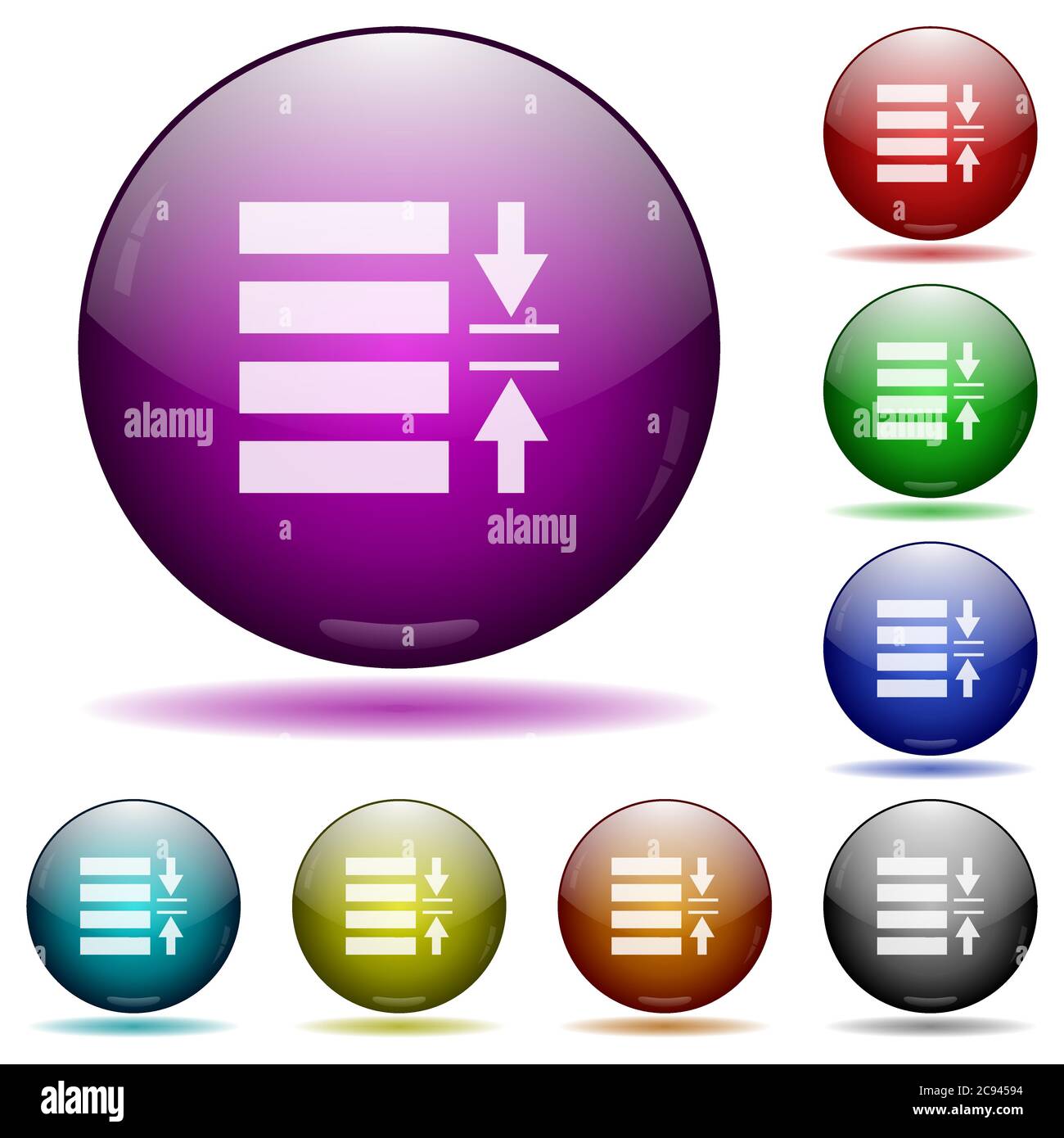 Adjust line spacing icons in color glass sphere buttons with shadows ...