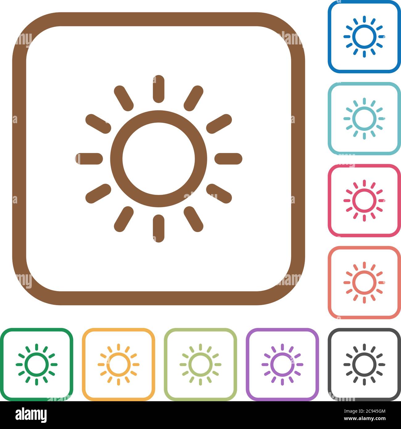 Brightness control simple icons in color rounded square frames on white ...