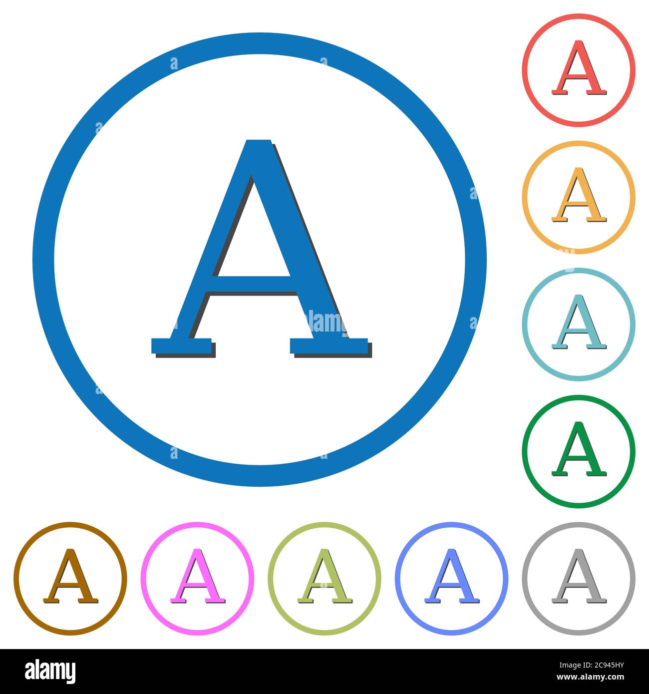 Character font flat color vector icons with shadows in round outlines ...