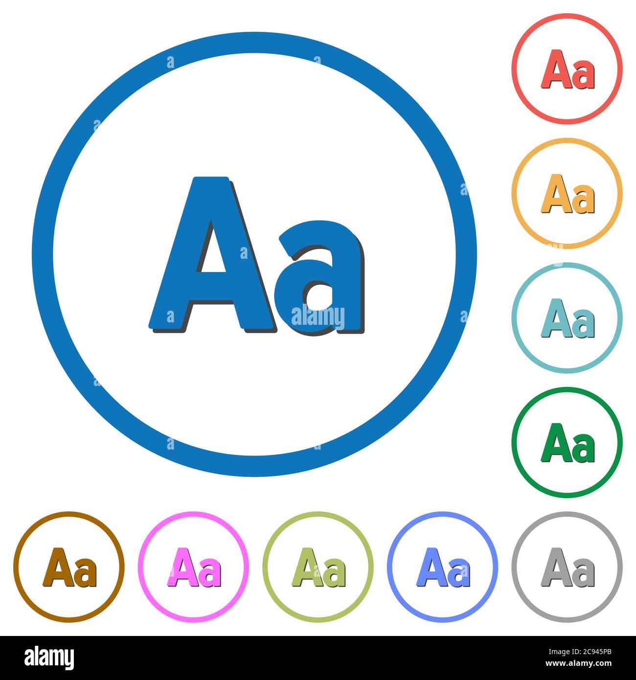 Font size flat color vector icons with shadows in round outlines on ...