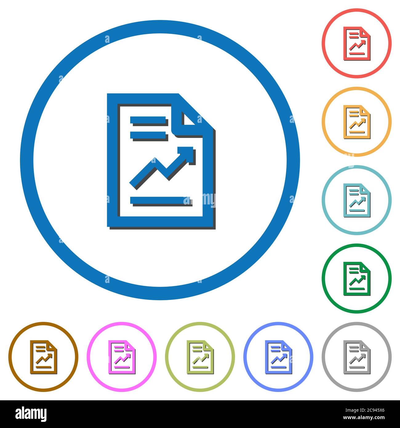 Report with graph flat color vector icons with shadows in round ...