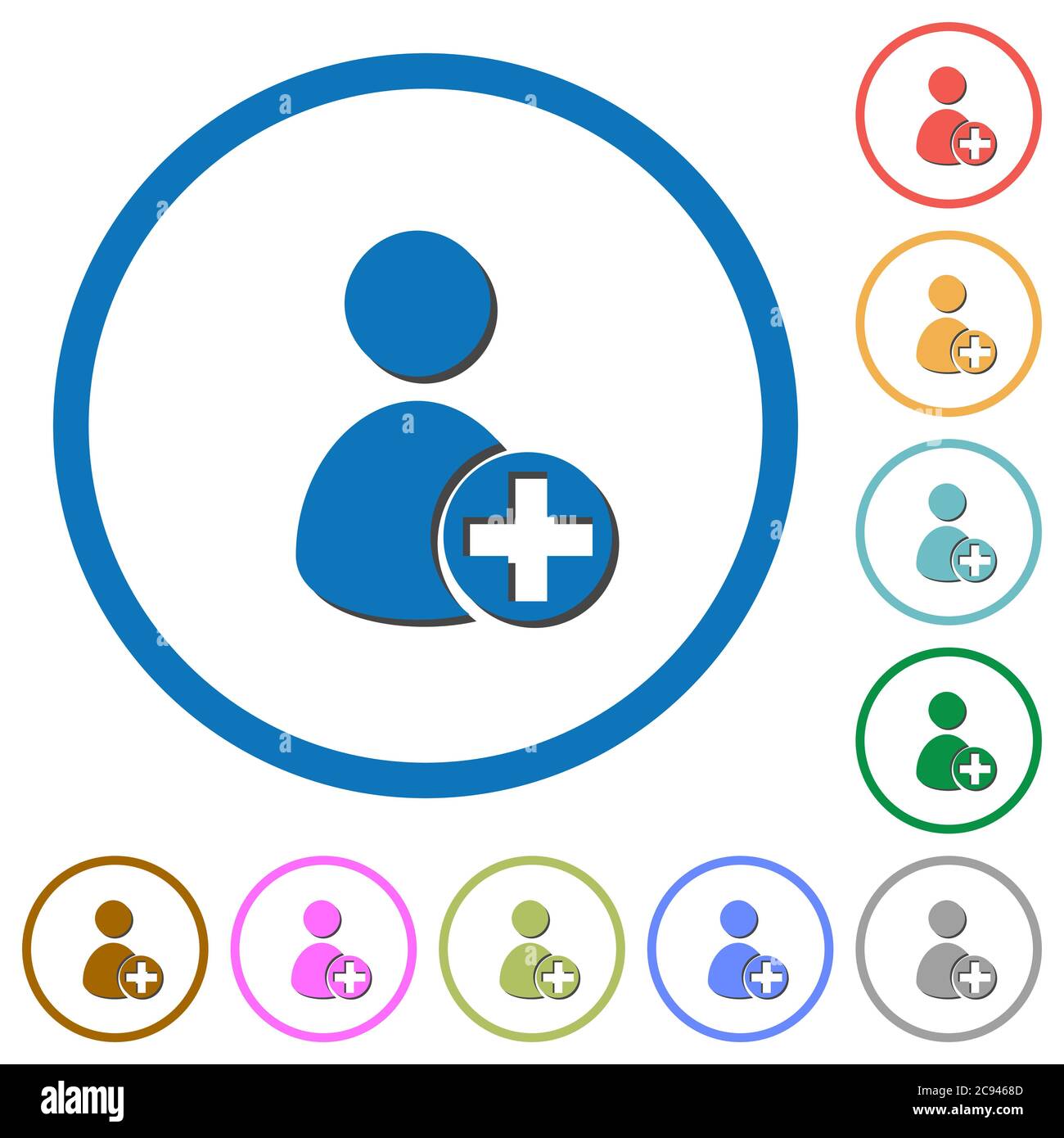 Add new user flat color vector icons with shadows in round outlines on ...