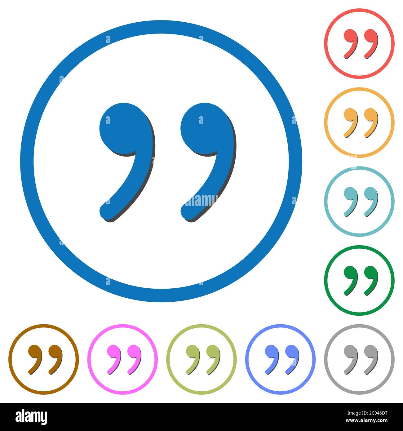 Quotation mark flat color vector icons with shadows in round outlines ...