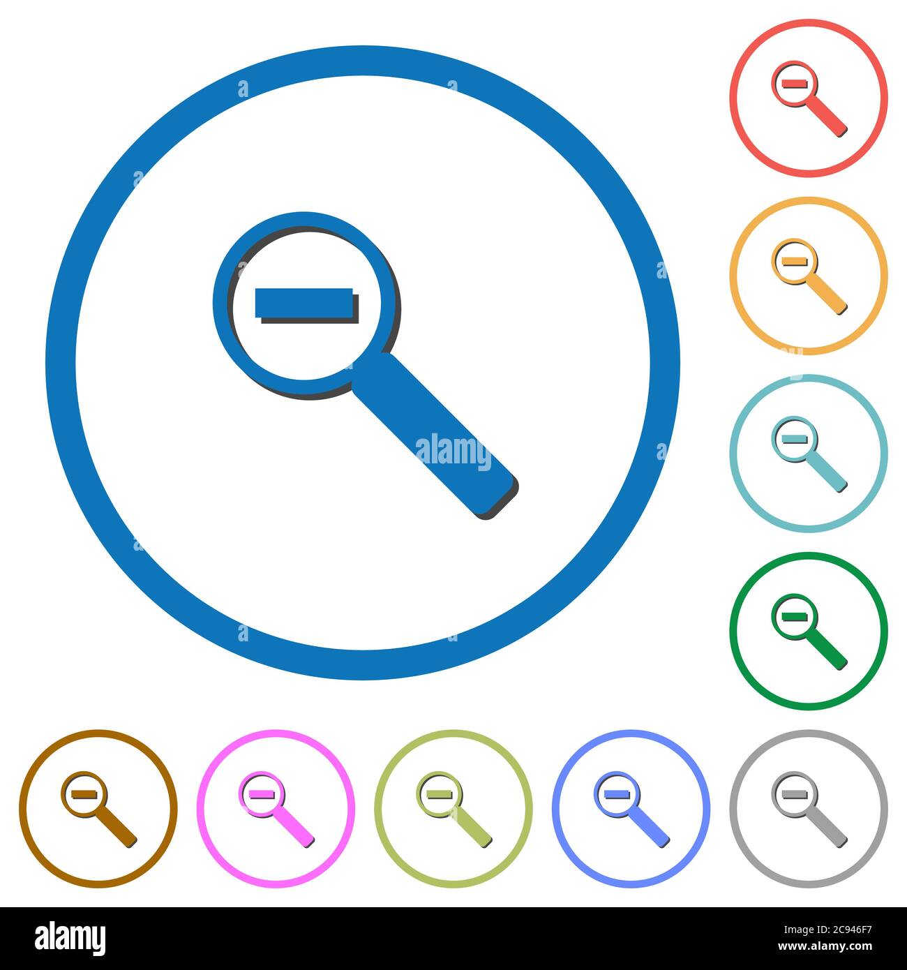 Zoom out flat color vector icons with shadows in round outlines on ...