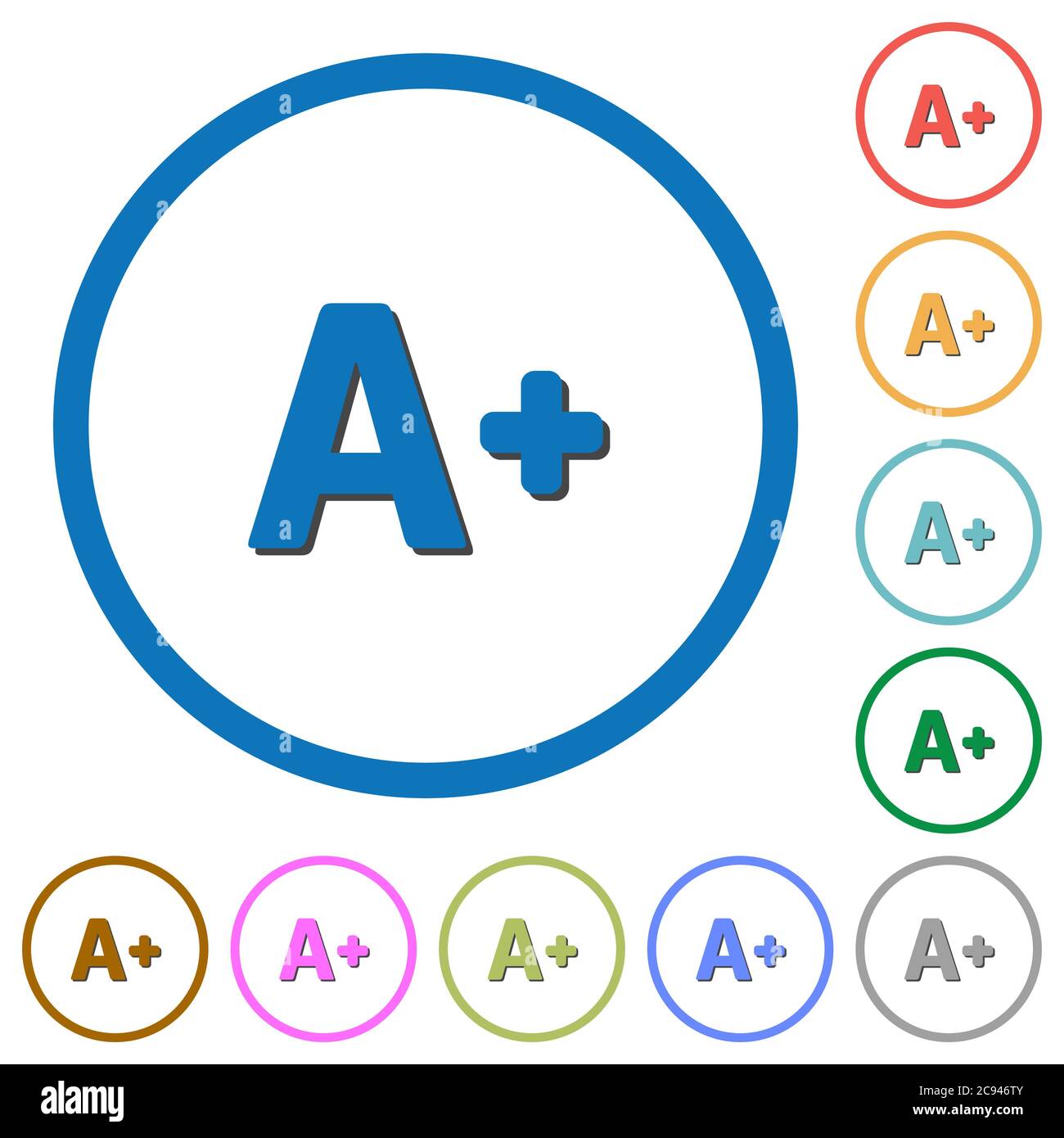 Increase font size flat color vector icons with shadows in round ...