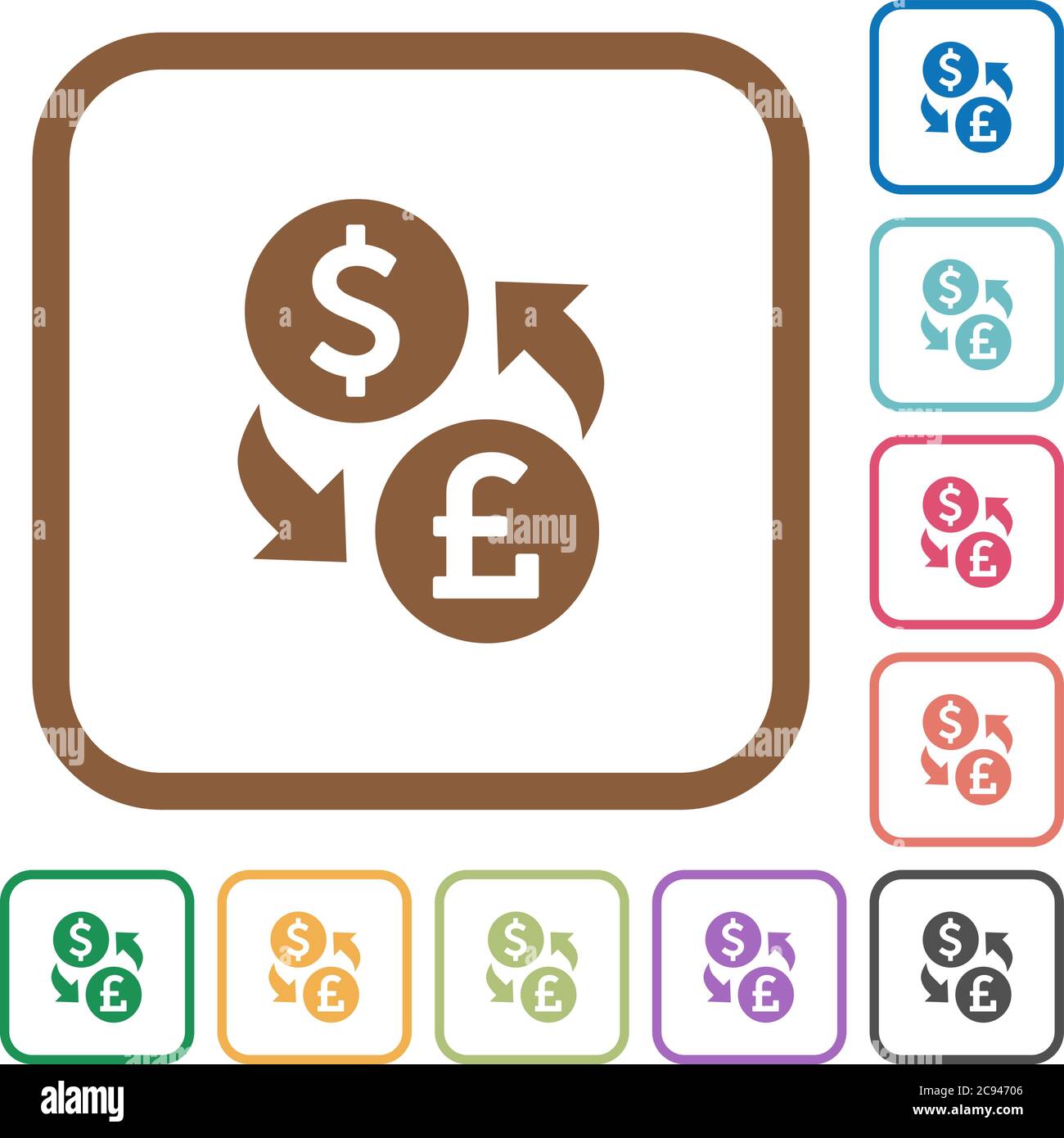 Dollar Pound money exchange simple icons in color rounded square frames ...
