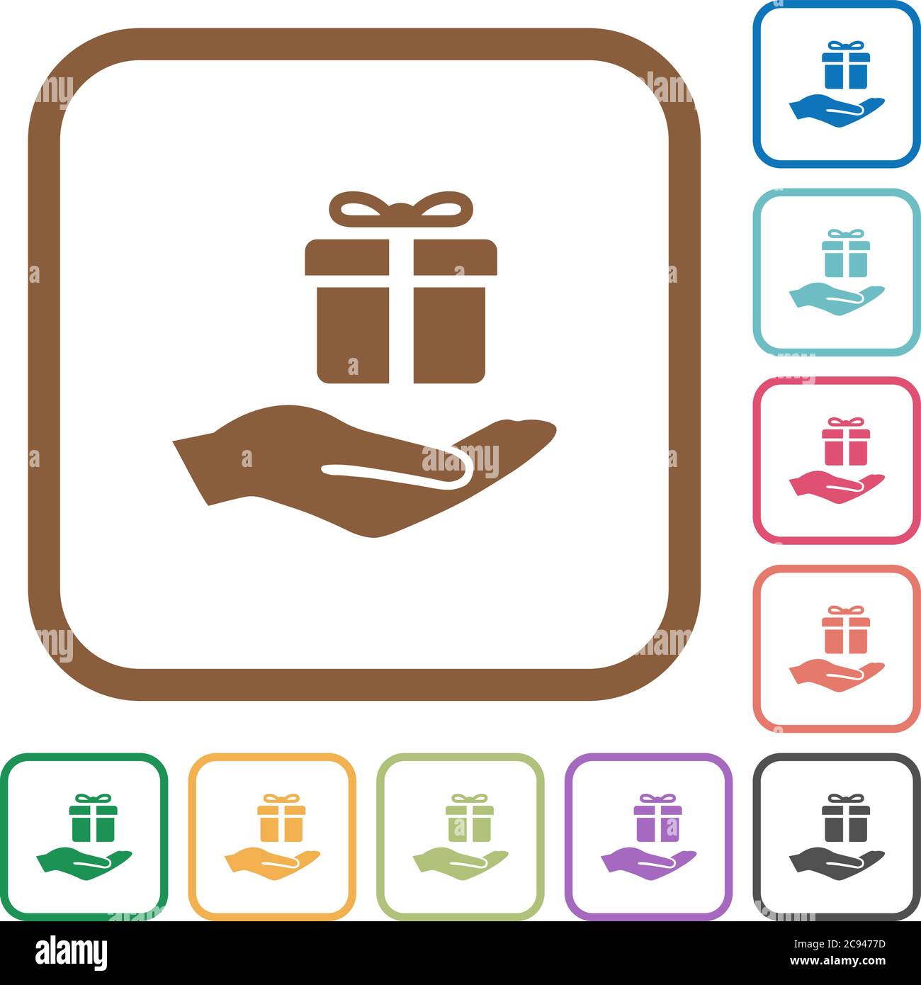 Gifting simple icons in color rounded square frames on white background ...