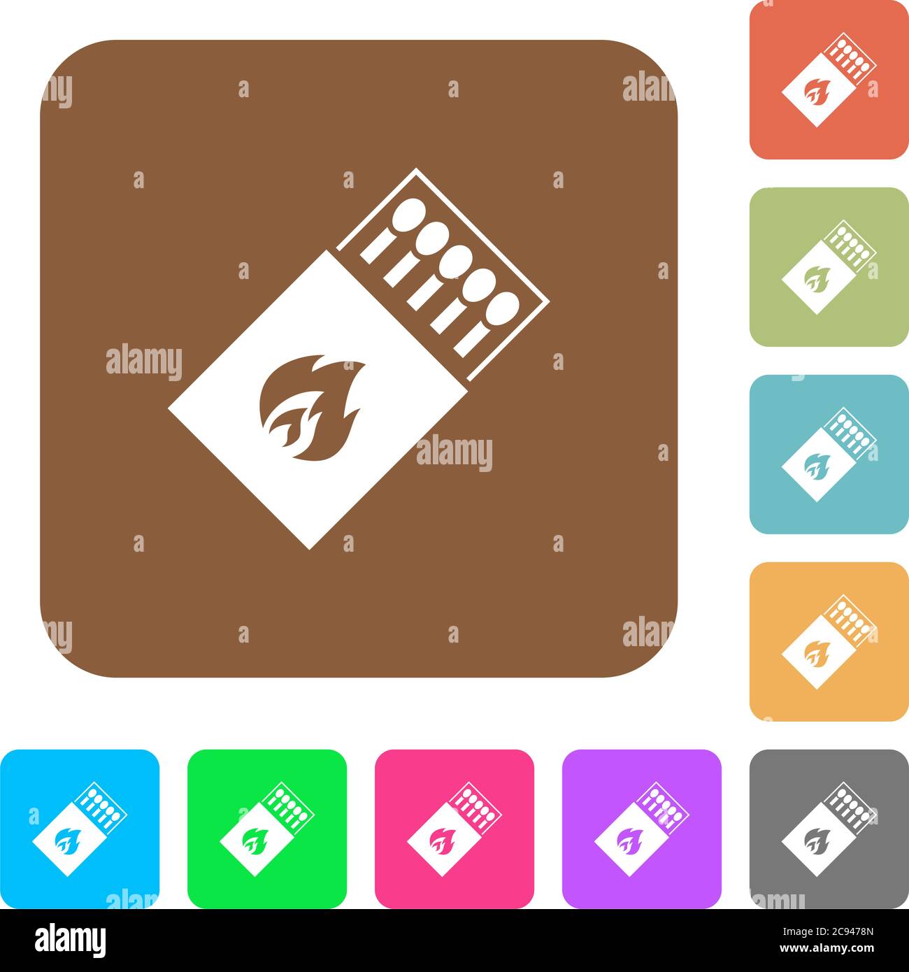 Box of matches flat icons on rounded square vivid color backgrounds ...