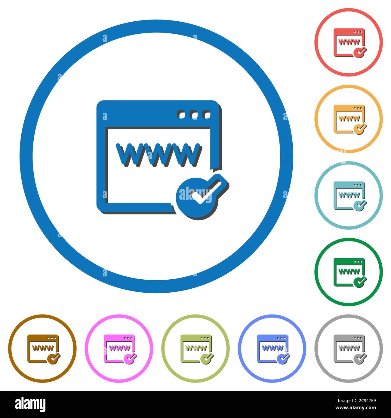 Domain registration flat color vector icons with shadows in round ...