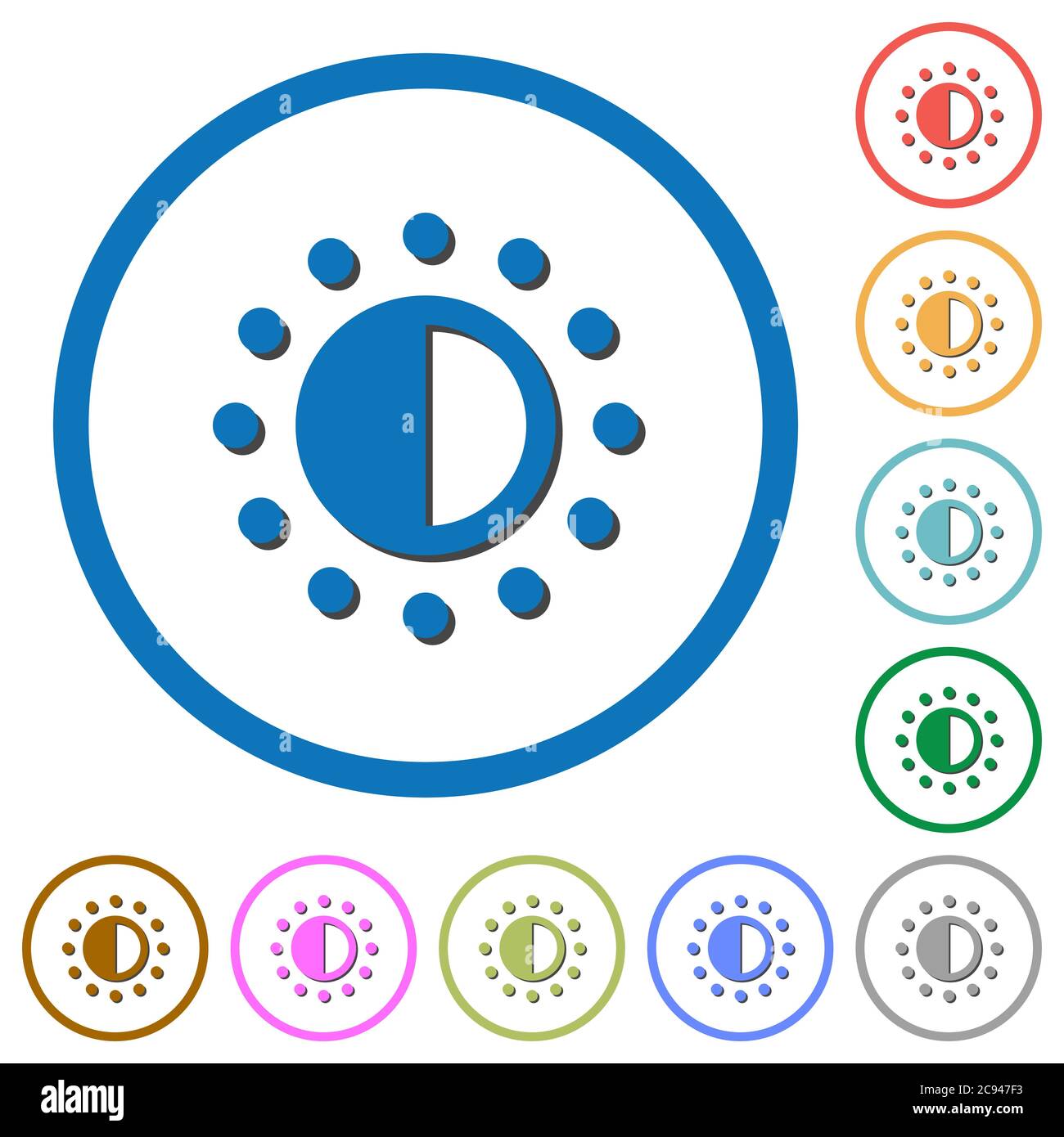 Saturation control flat color vector icons with shadows in round ...