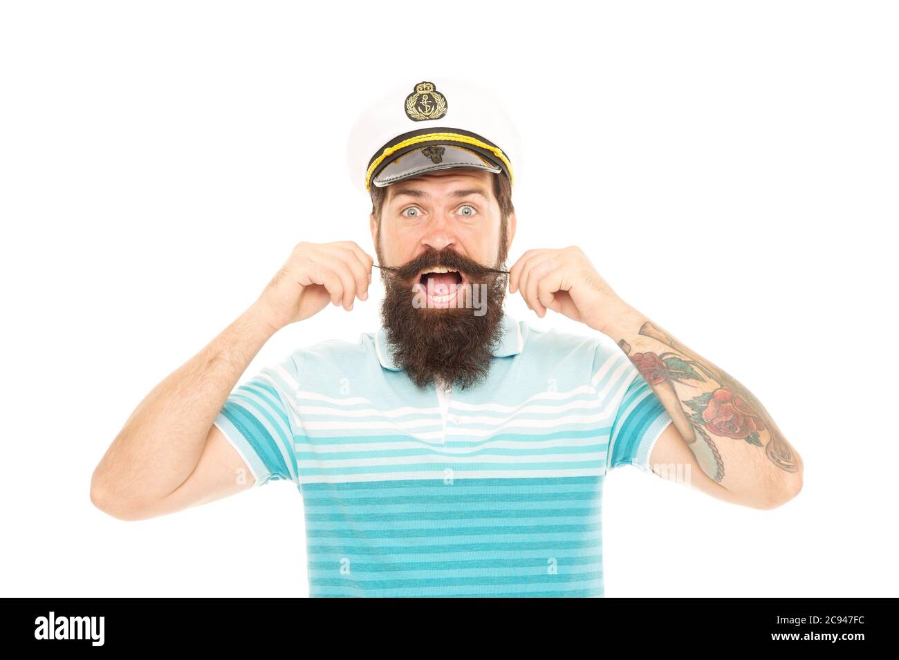 Man cheerful captain sailor hat trip around world, surprising news ...