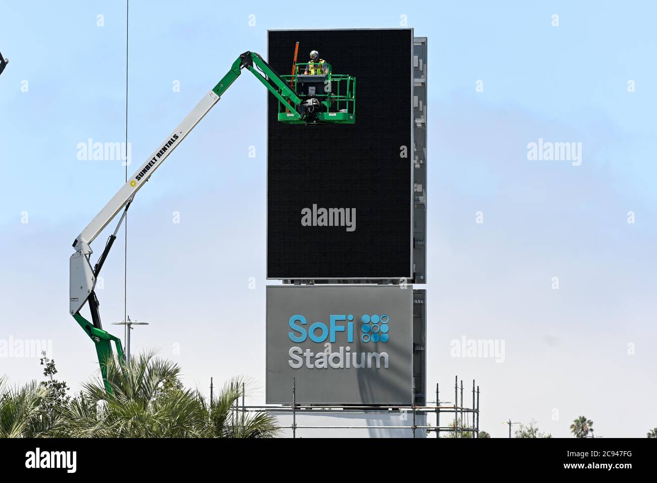 Inglewood, United States. 26th July, 2020. A man works in the SoFi ...