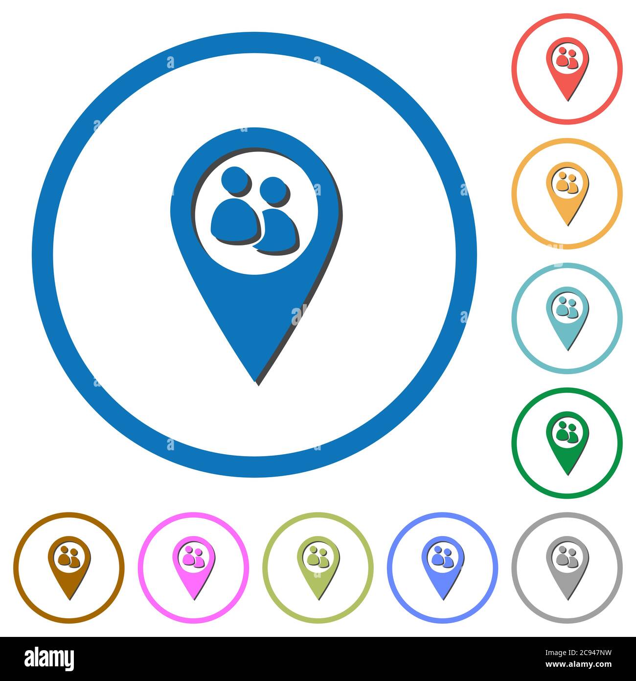 Fleet tracking flat color vector icons with shadows in round outlines ...