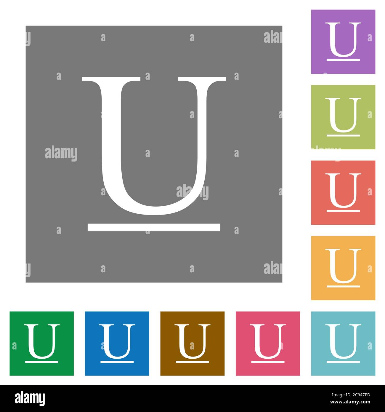 Underlined font type flat icons on simple color square backgrounds ...