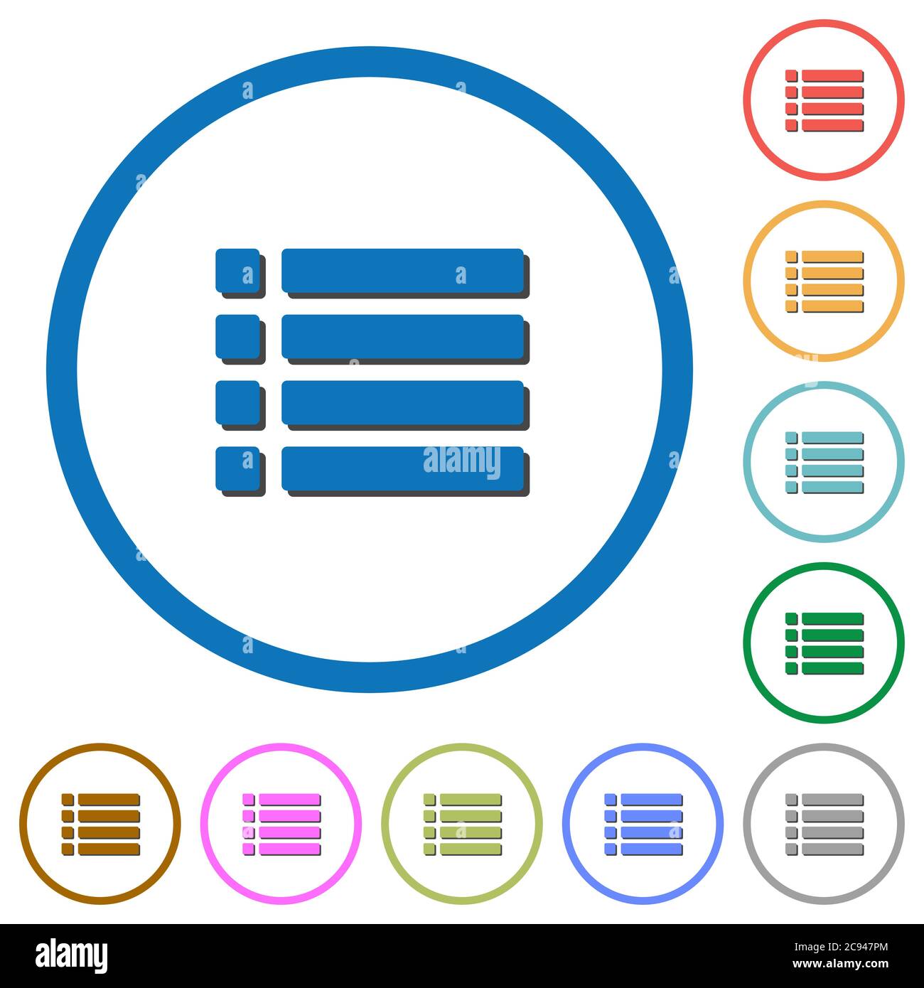 Unordered list flat color vector icons with shadows in round outlines ...