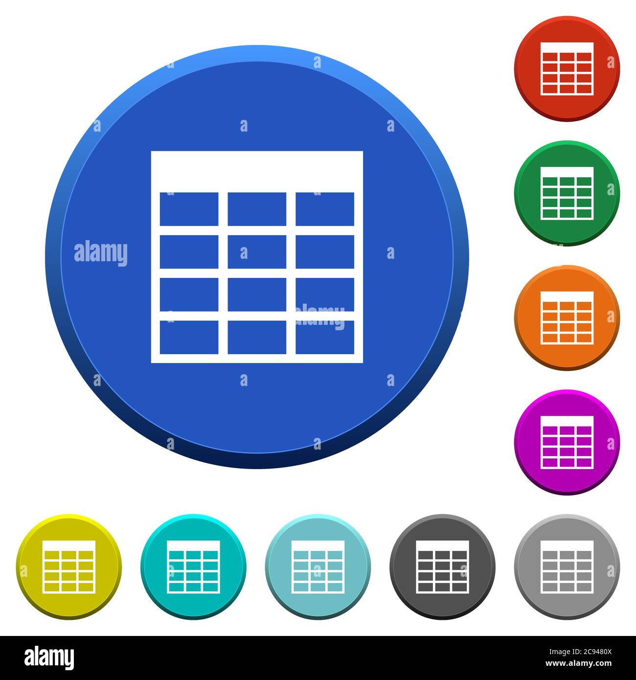 Spreadsheet table round color beveled buttons with smooth surfaces and flat white icons Stock ...
