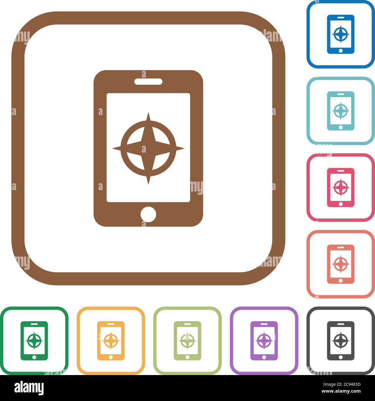 Mobile compass simple icons in color rounded square frames on white ...