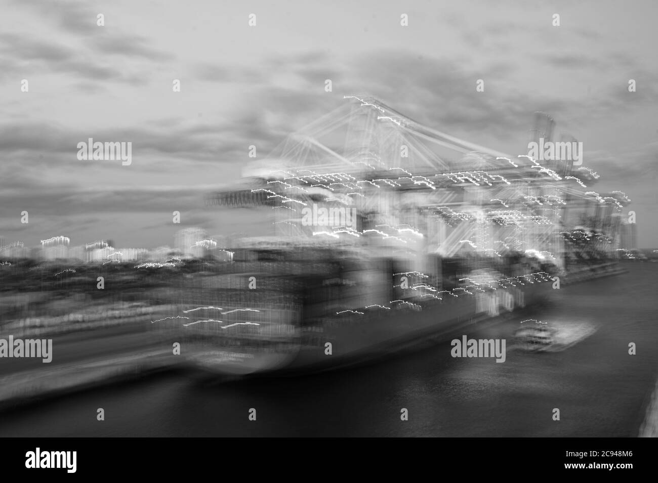Marine navigation lighting. Defocused image of ship. Cargo ship in port ...