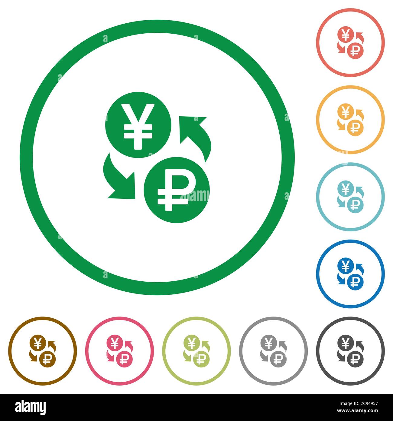 Yen Ruble money exchange flat color icons in round outlines on white ...