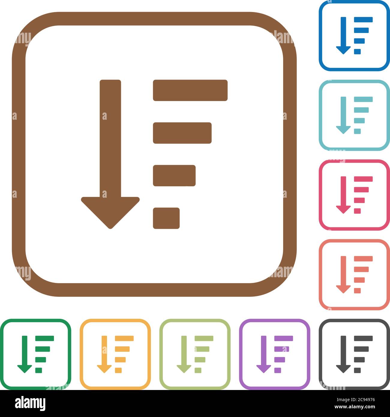 Descending ordered list mode simple icons in color rounded square frames on white background ...