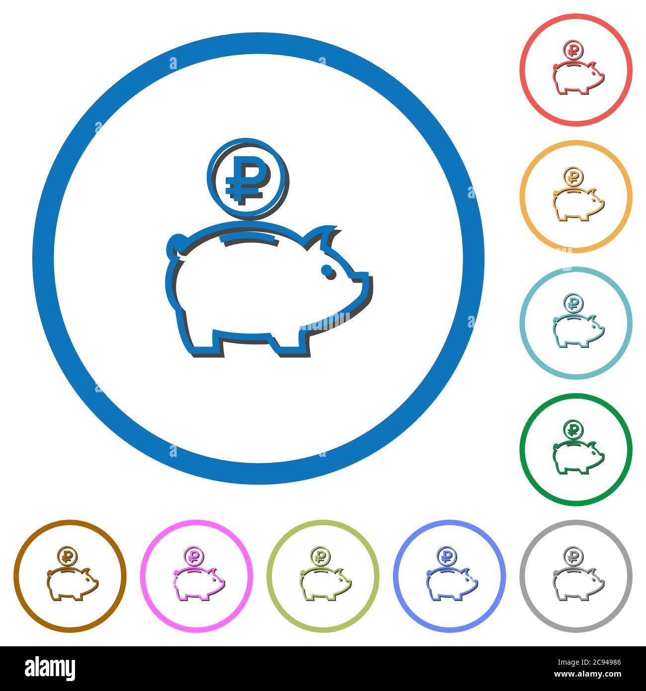 Ruble piggy bank flat color vector icons with shadows in round outlines ...