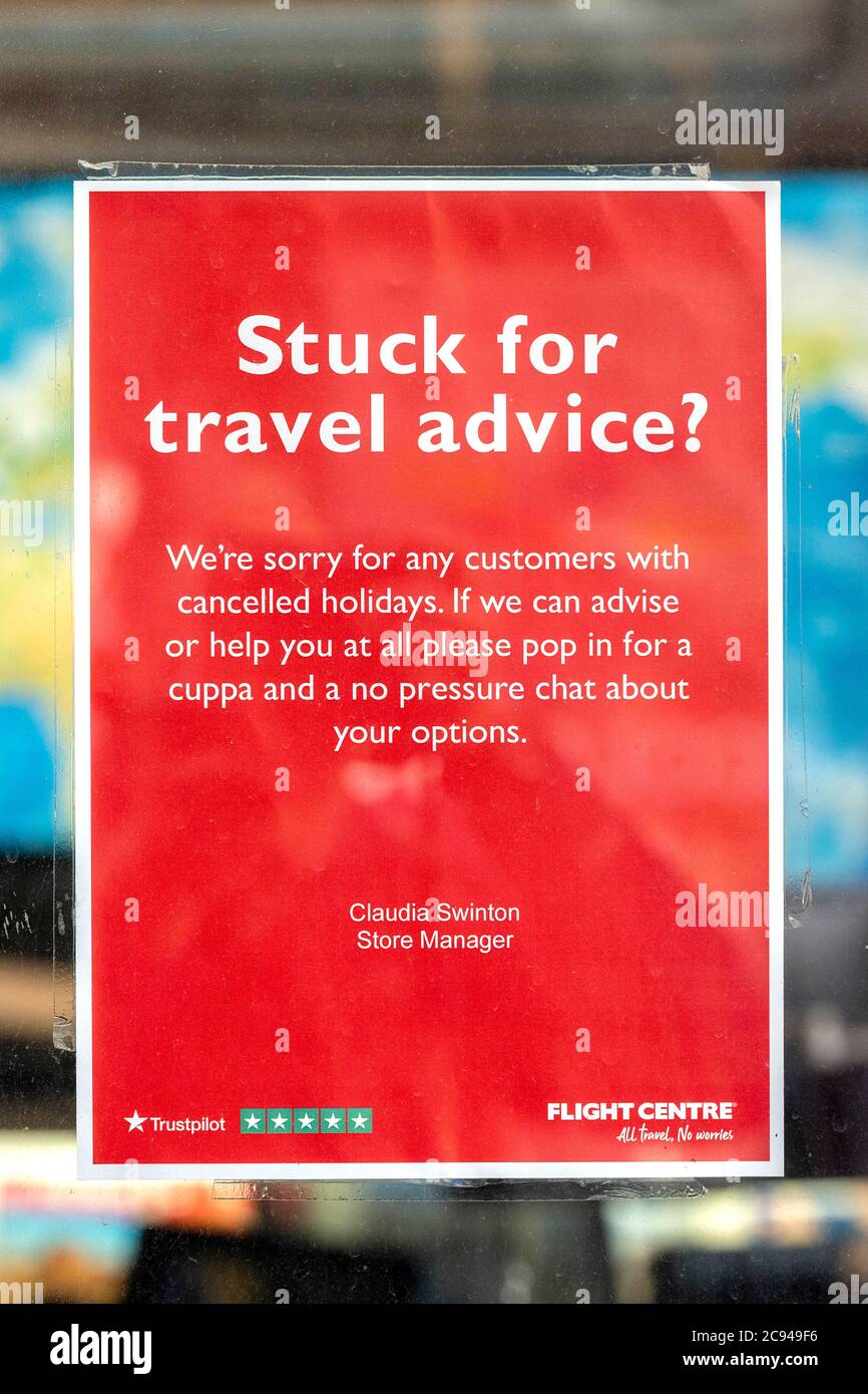 London, UK. 28th July, 2020. A notice is seen in the Flight Centre ...
