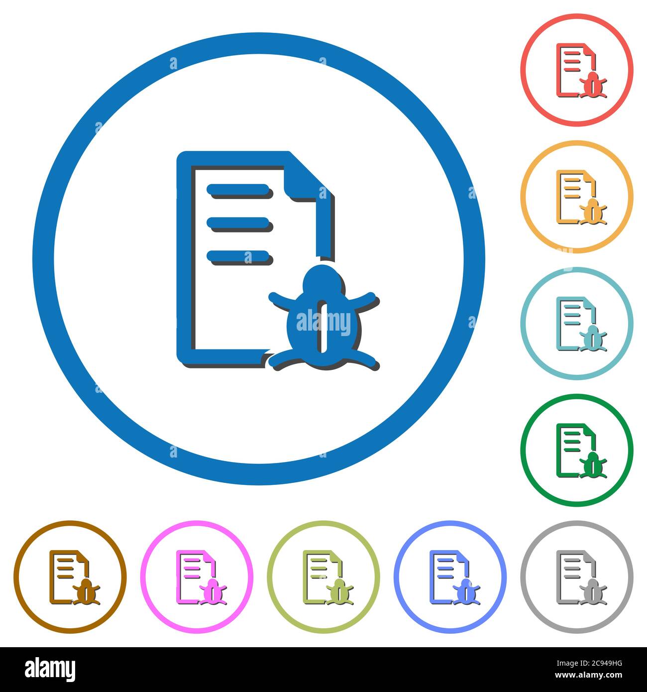 Bug report flat color vector icons with shadows in round outlines on ...