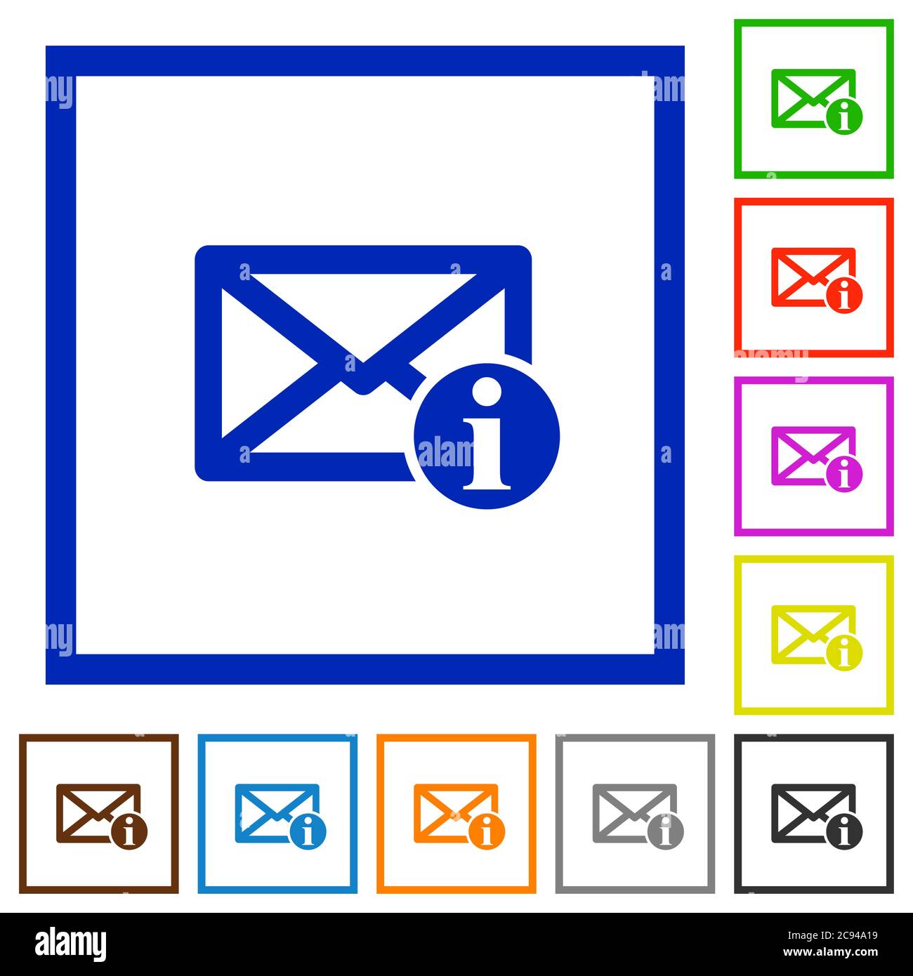 Mail information flat color icons in square frames on white background ...