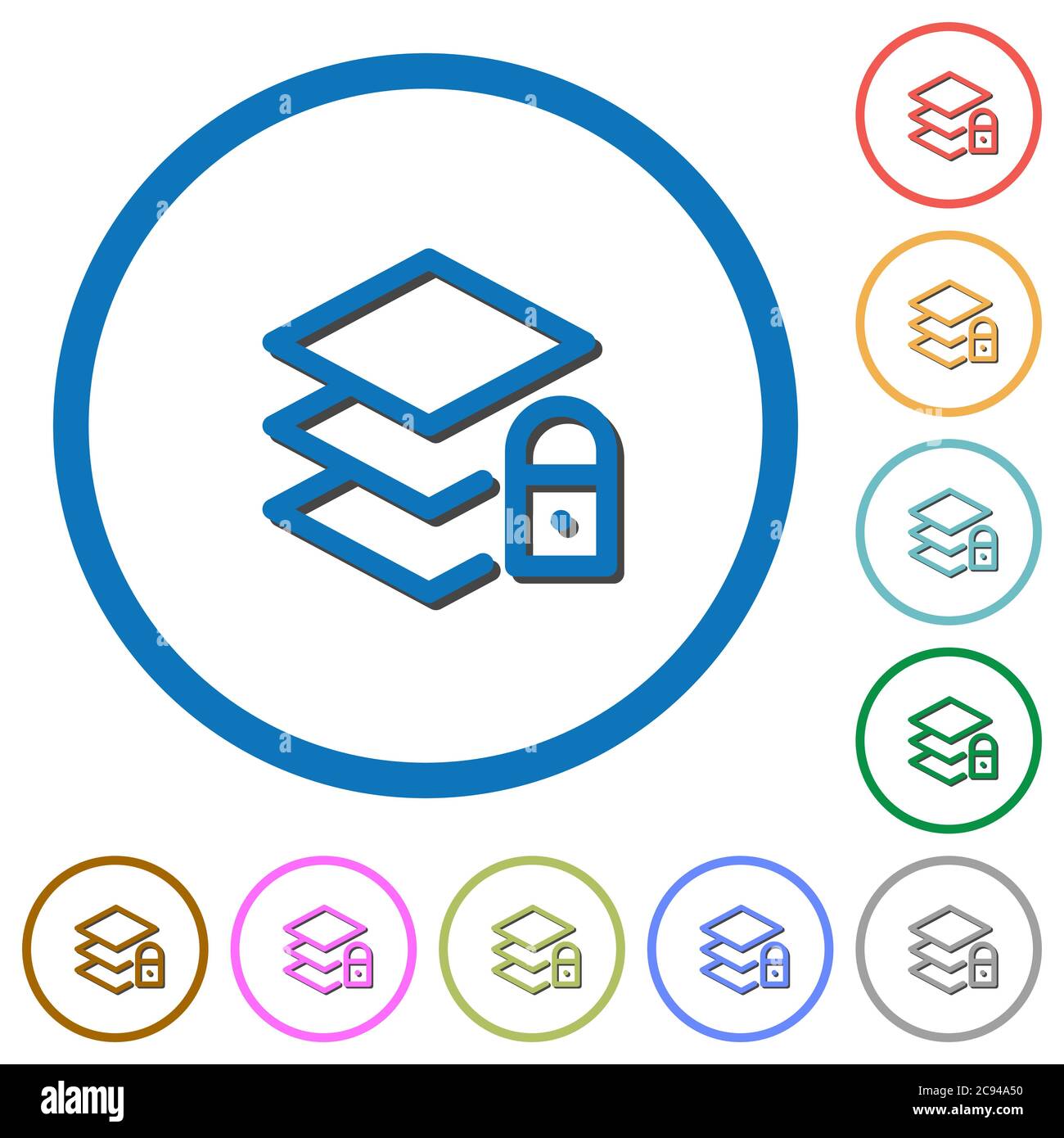 Locked layers flat color vector icons with shadows in round outlines on ...