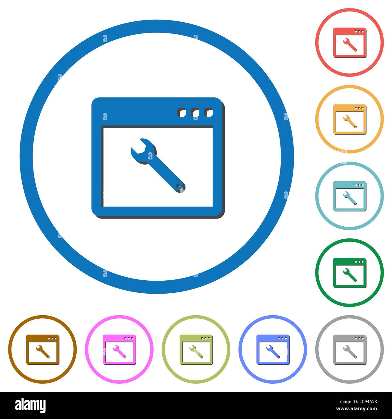 Application maintenance flat color vector icons with shadows in round ...