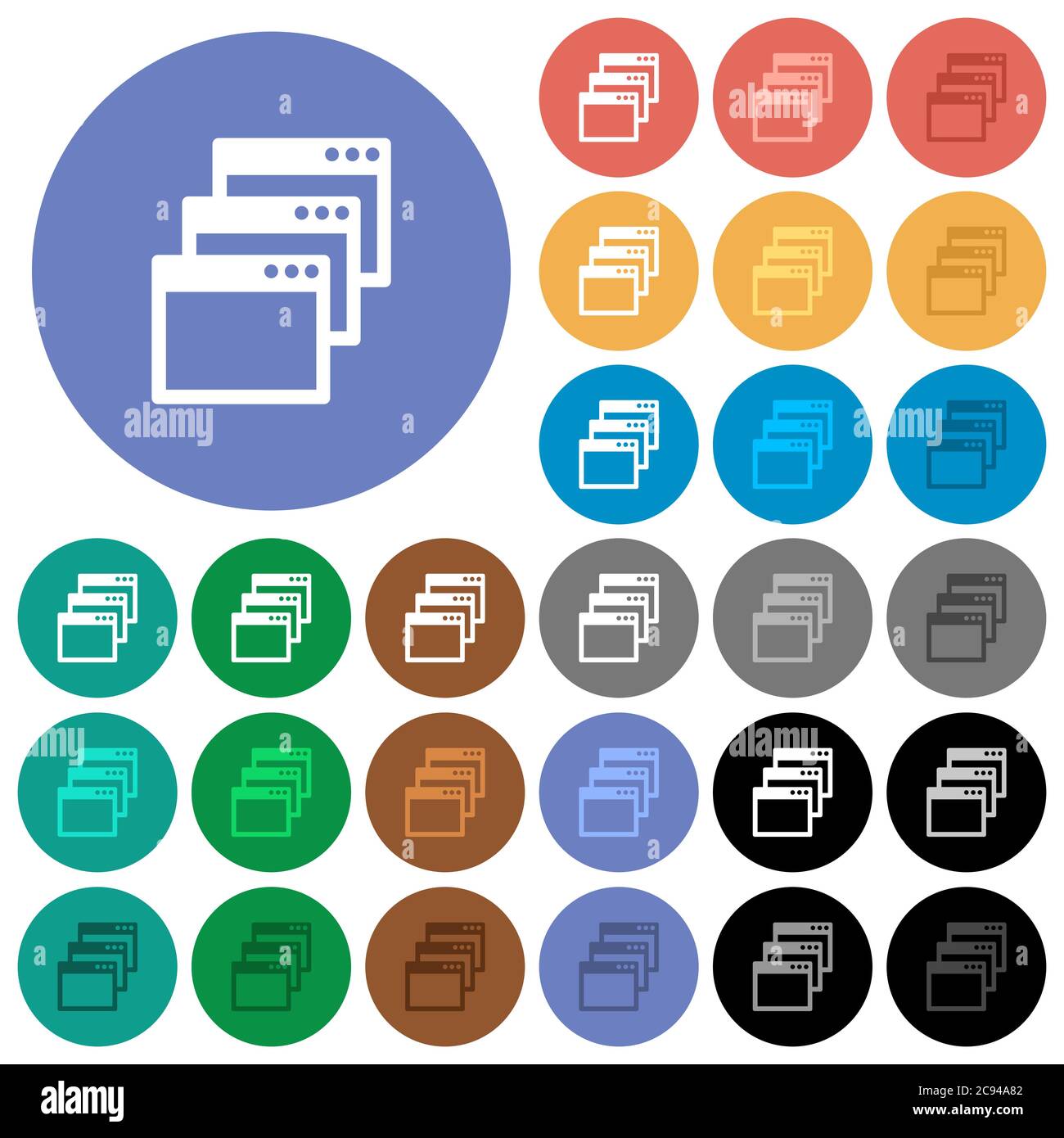 Cascade window view mode multi colored flat icons on round backgrounds. Included white, light ...