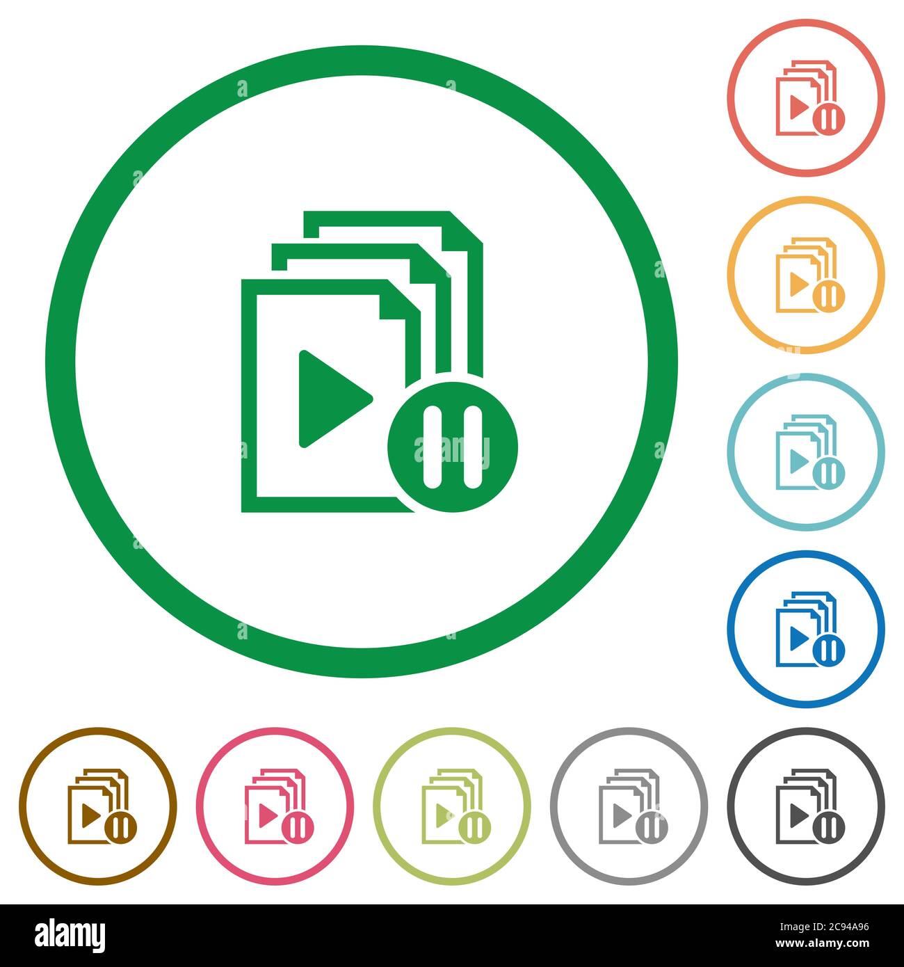 Pause playlist flat color icons in round outlines on white background ...