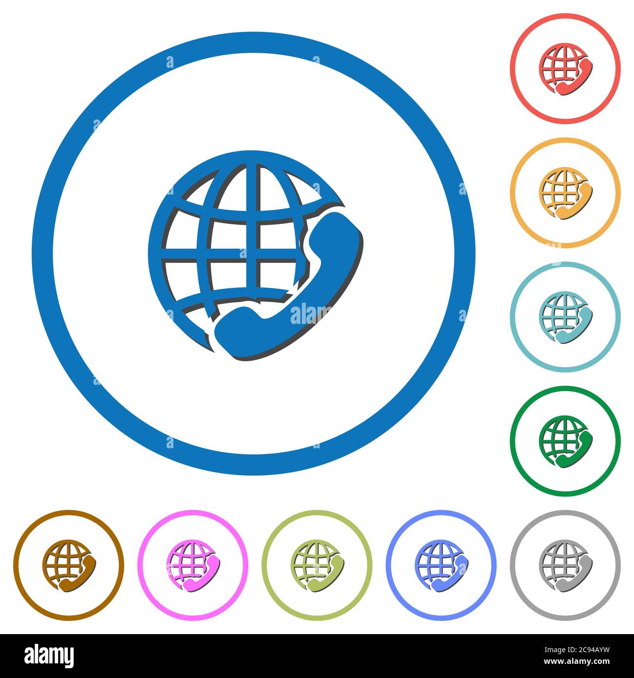 International call flat color vector icons with shadows in round ...