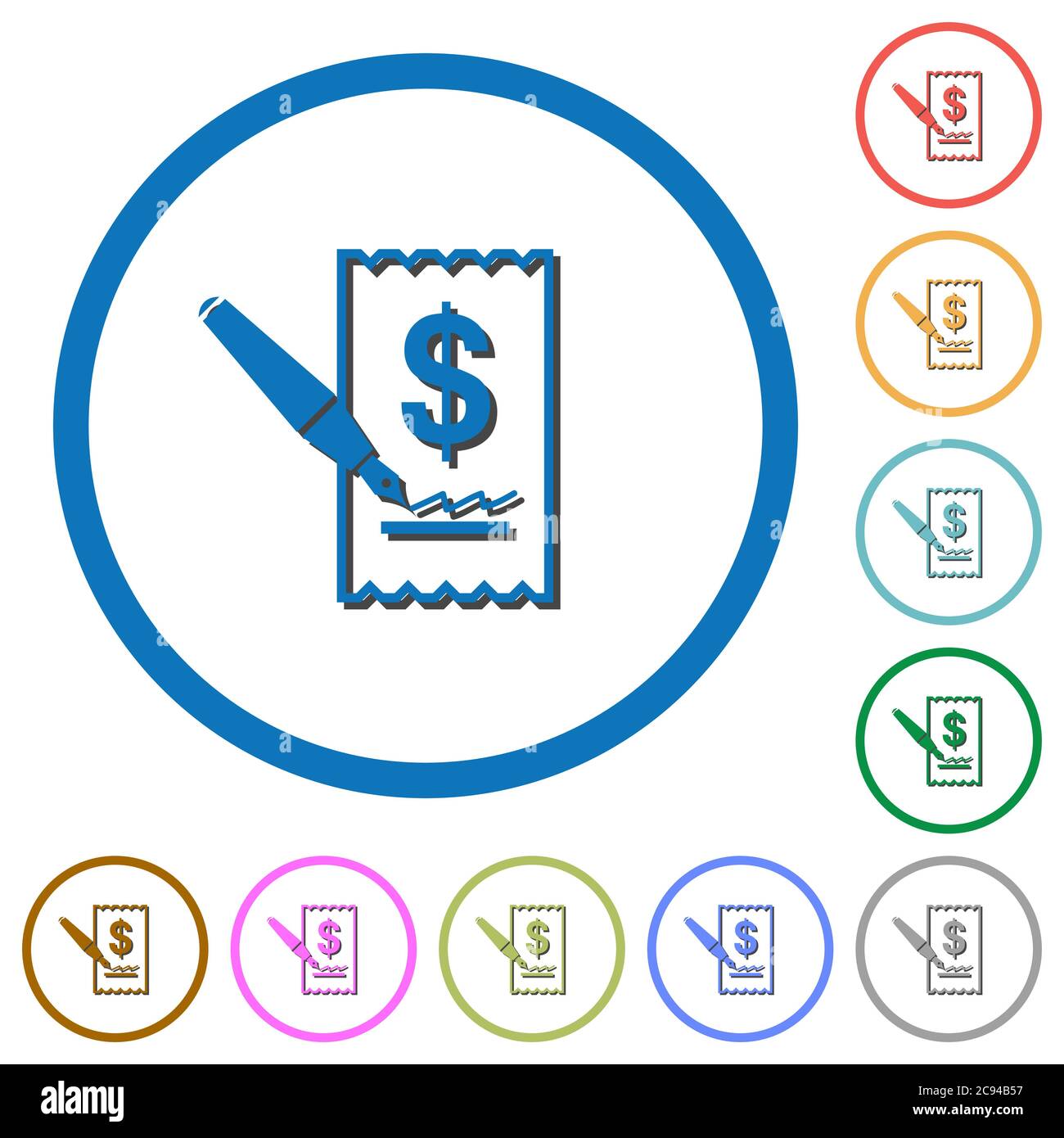 Signing Dollar cheque flat color vector icons with shadows in round ...