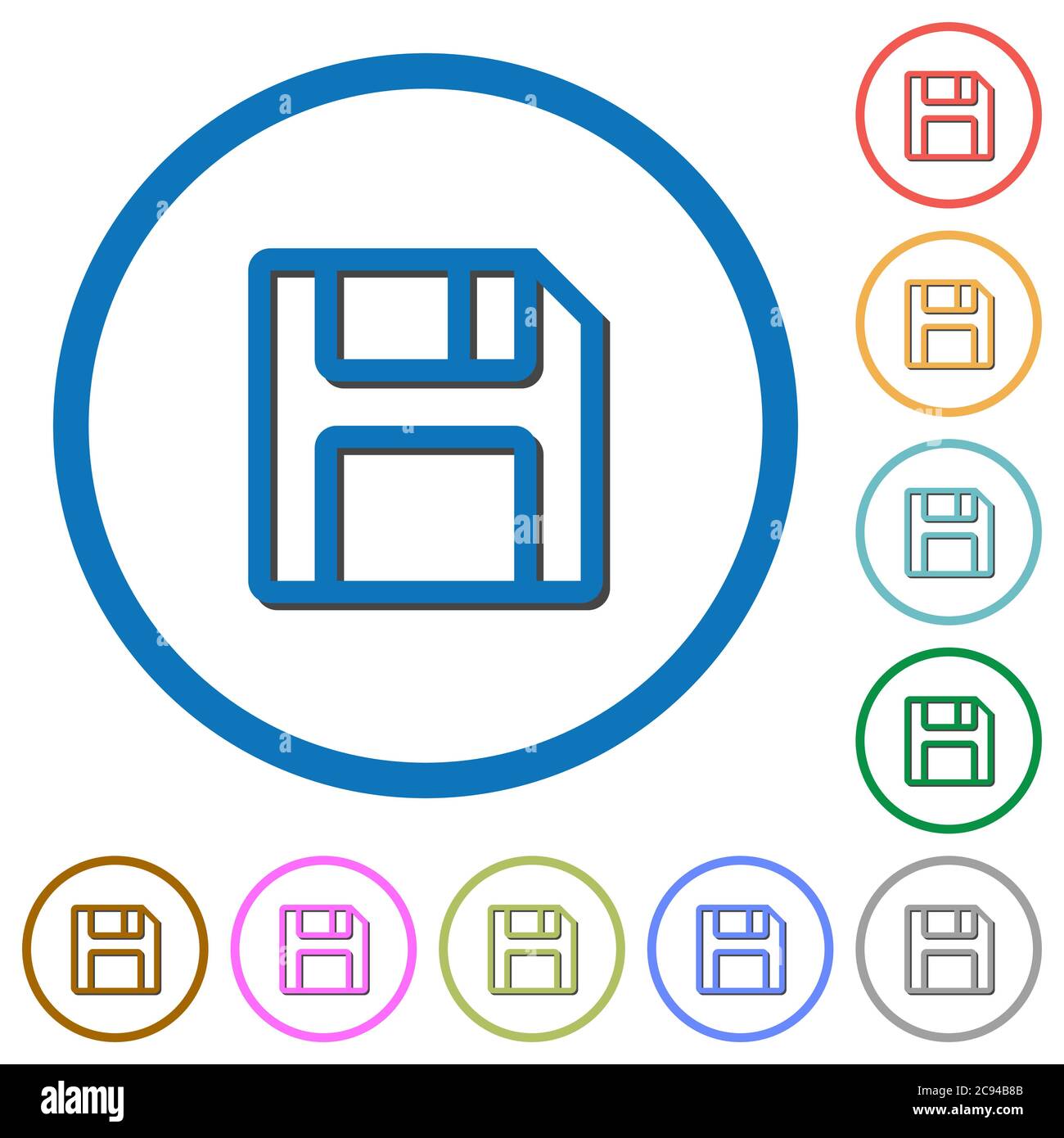 Save symbol flat color vector icons with shadows in round outlines on ...