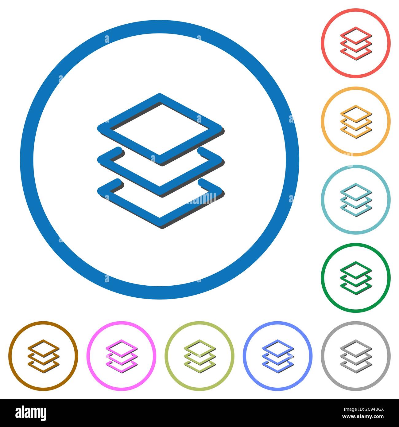 Layers flat color vector icons with shadows in round outlines on white ...