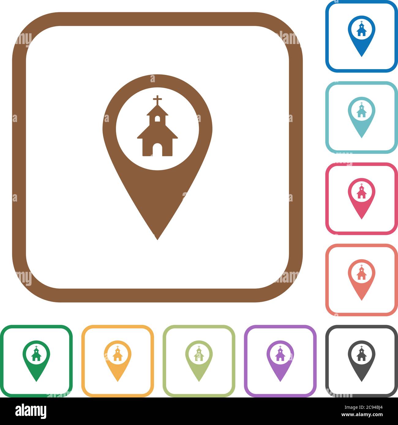 Church GPS map location simple icons in color rounded square frames on ...