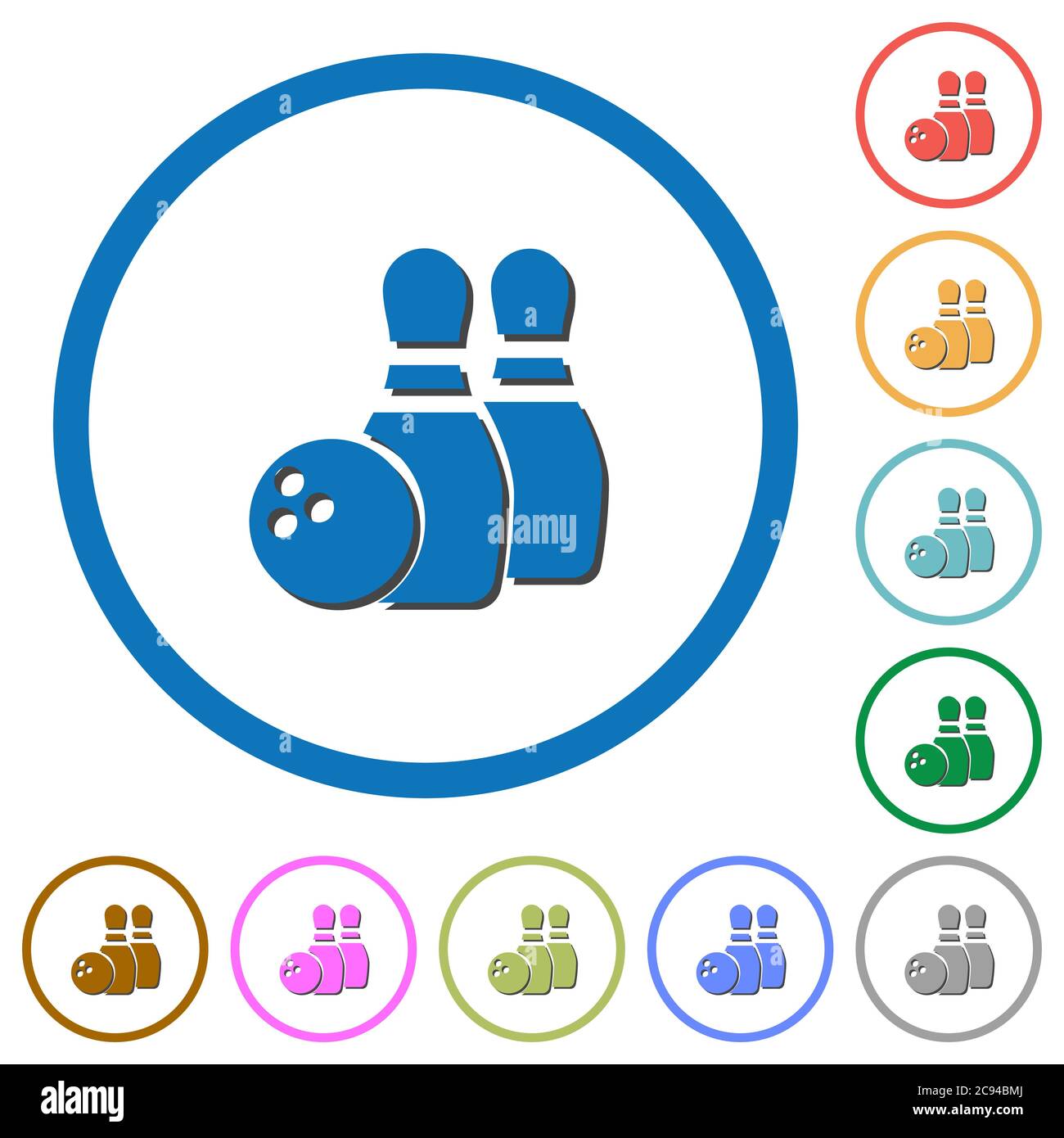 Bowling flat color vector icons with shadows in round outlines on white ...