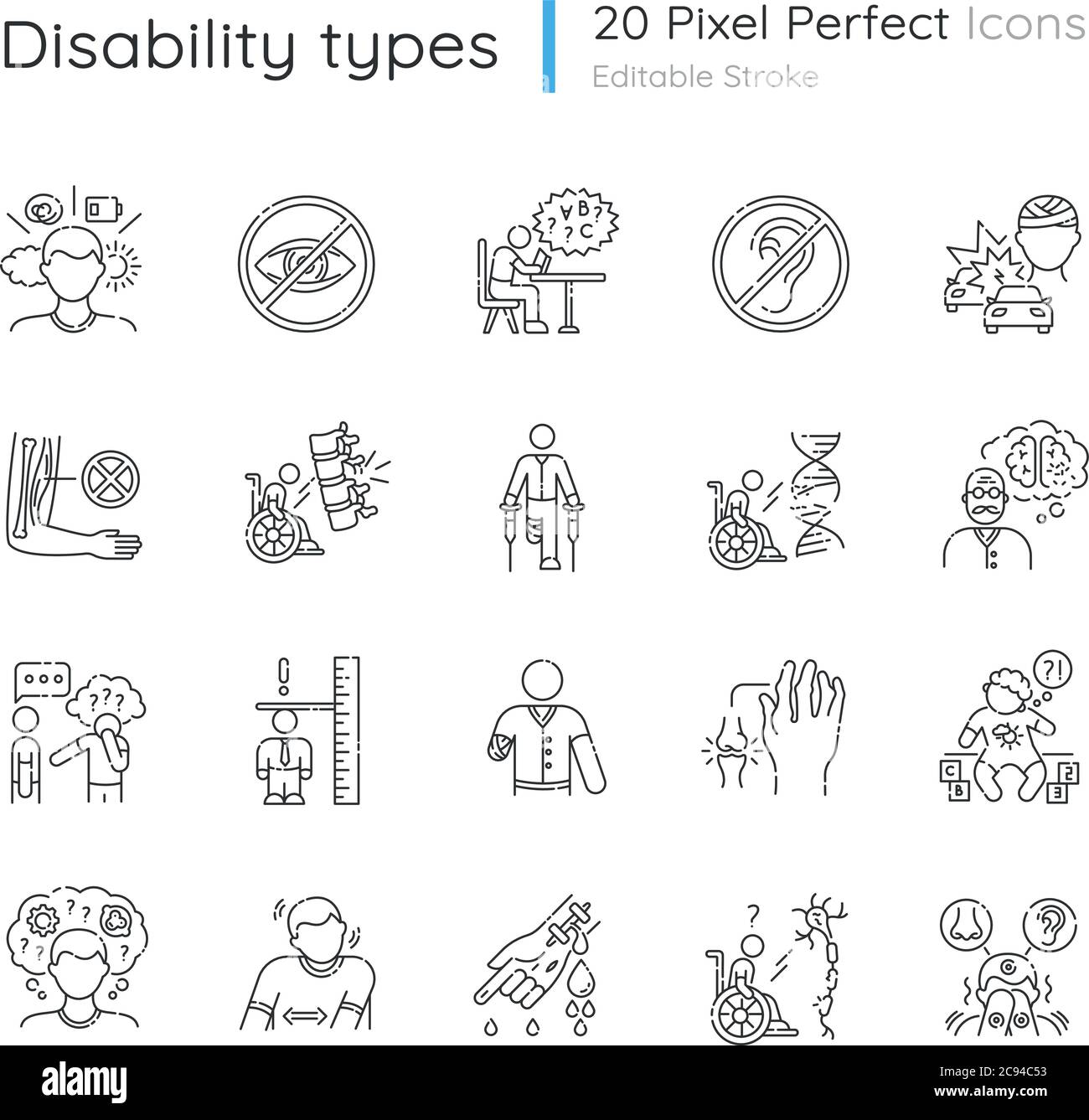 Disability types linear icons set. Blindness and deafness ...