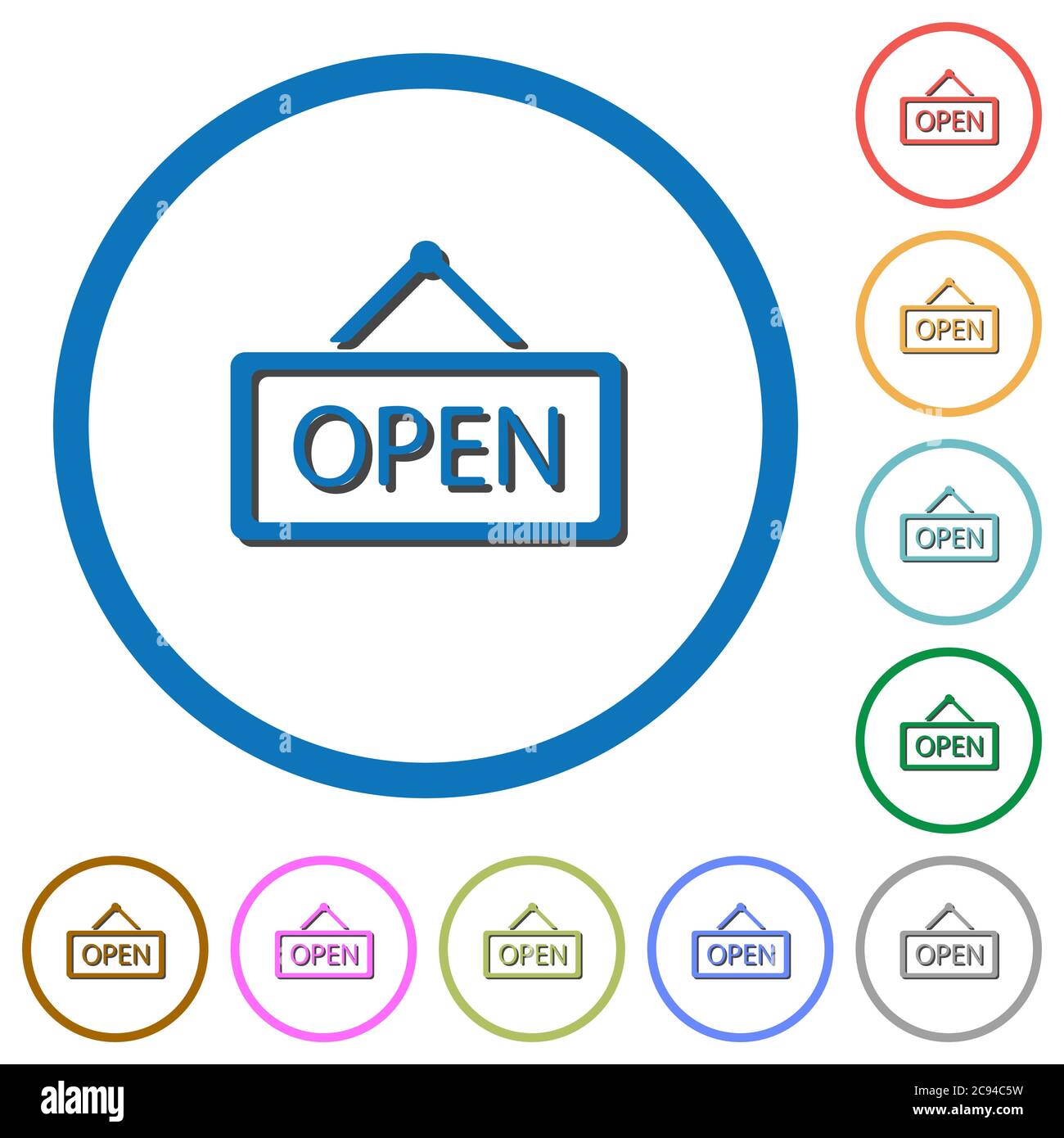 Open sign flat color vector icons with shadows in round outlines on ...