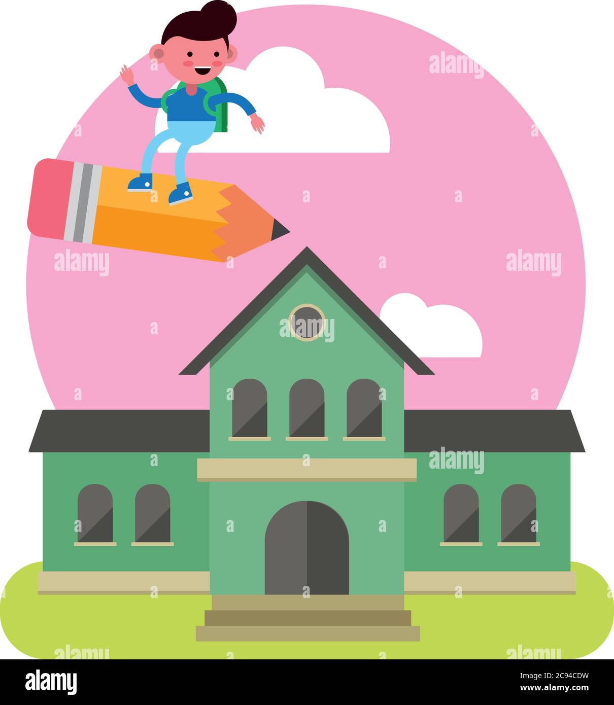 little student boy flying in pencil in the shool comic character vector ...