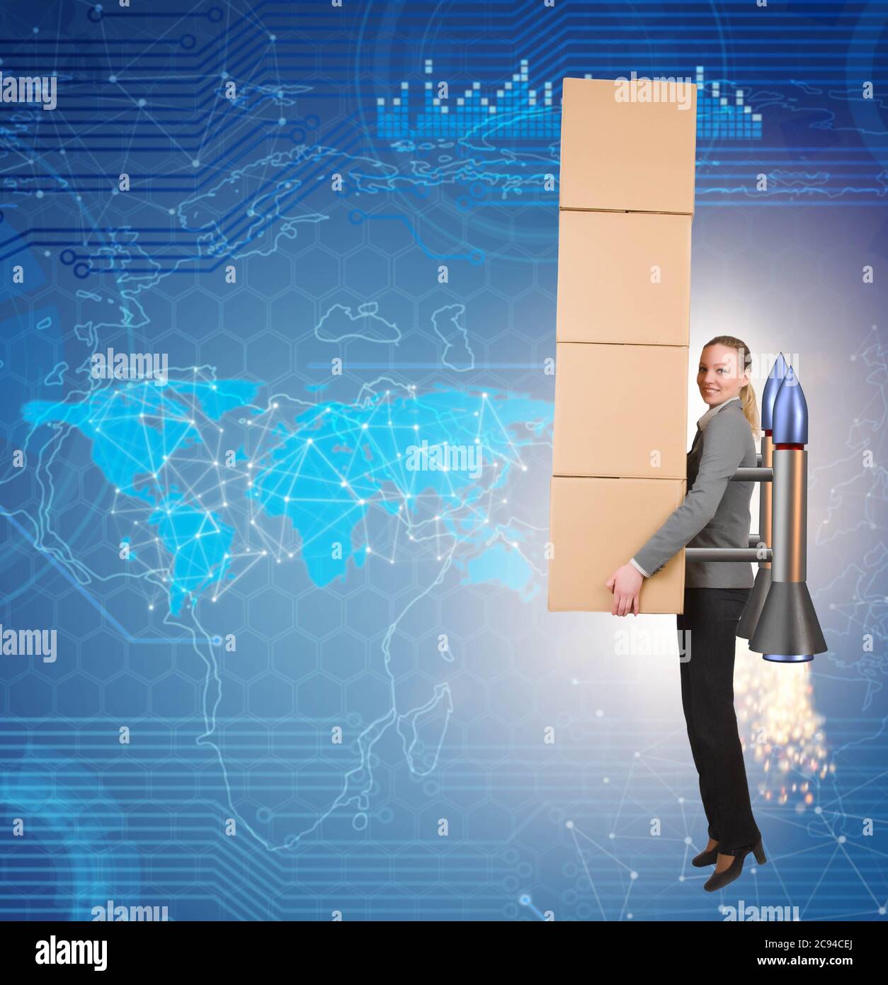The woman flying jetpack and delivering boxes globally Stock Photo - Alamy