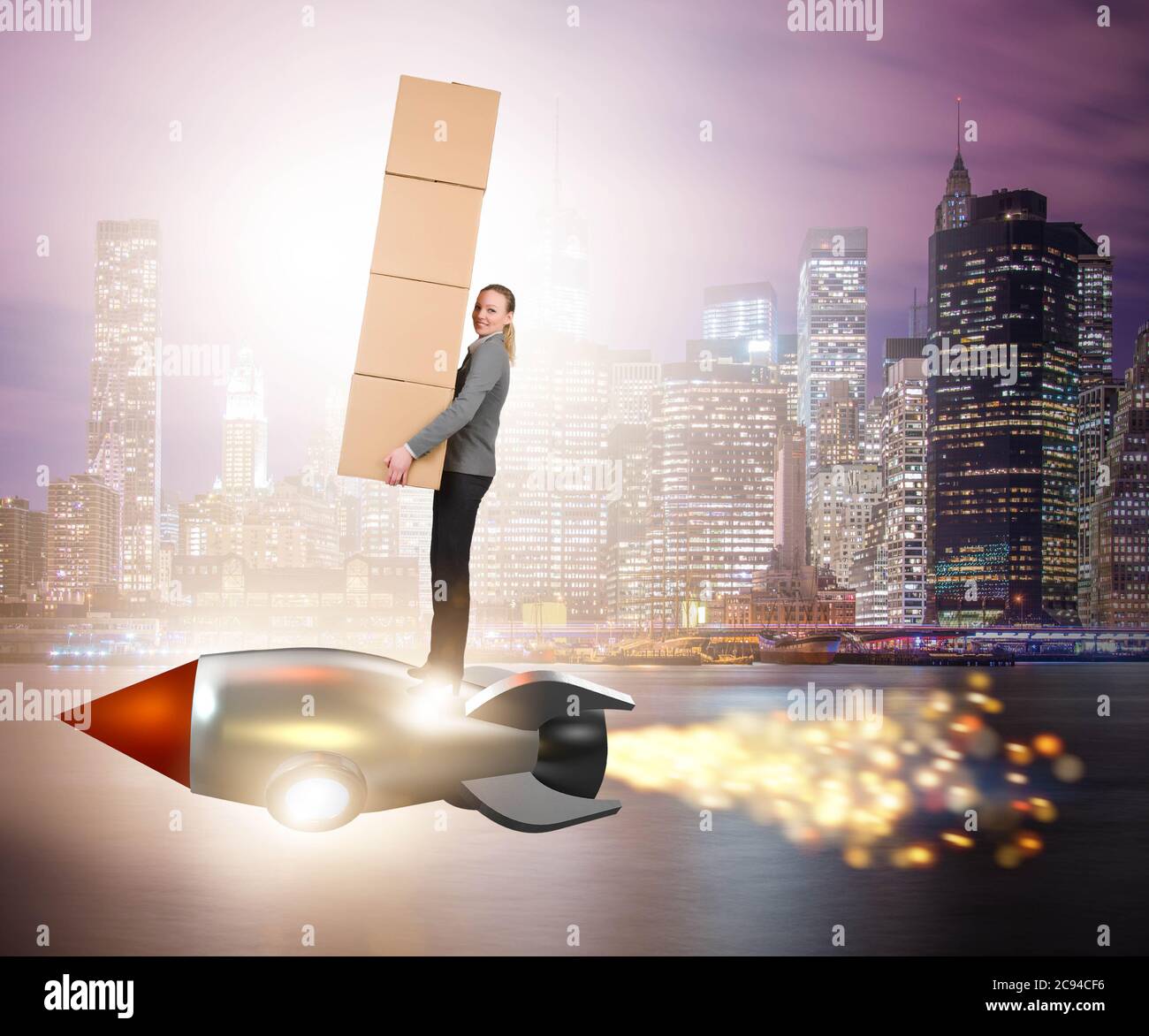 The woman flying rocket and delivering boxes Stock Photo - Alamy