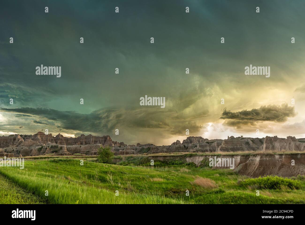A lightning storm is brewing over the mountains of Badlands National ...