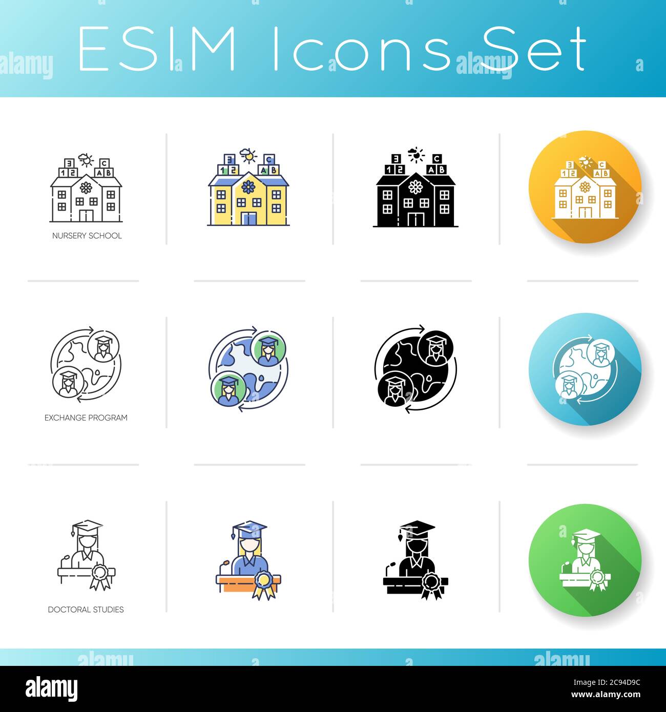 Junior and higher education icons set. Linear, black and RGB color ...