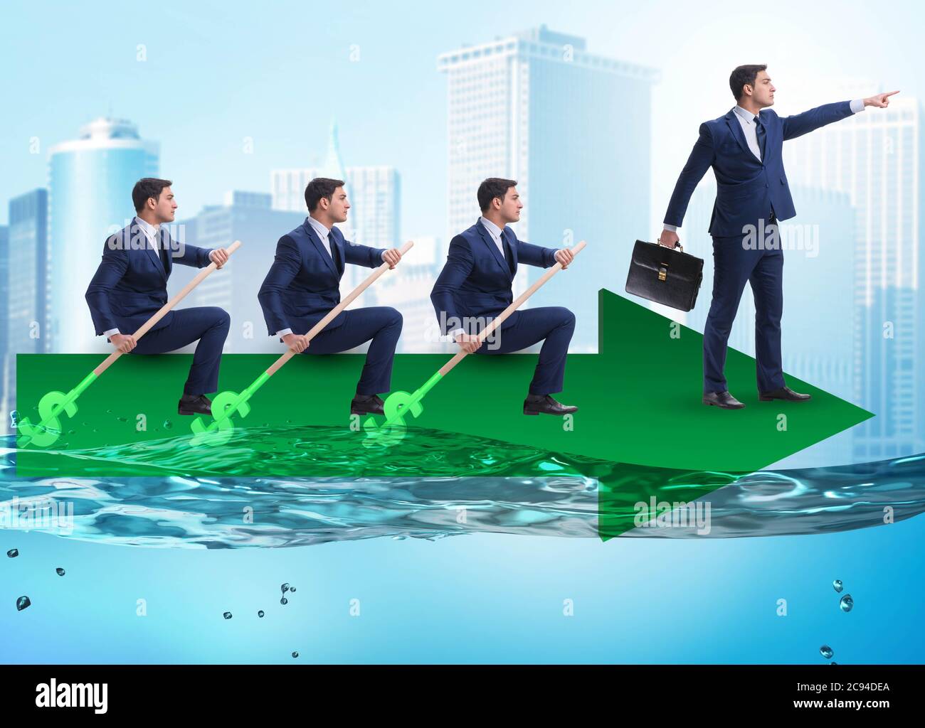 The teamwork concept with businessmen on boat Stock Photo - Alamy