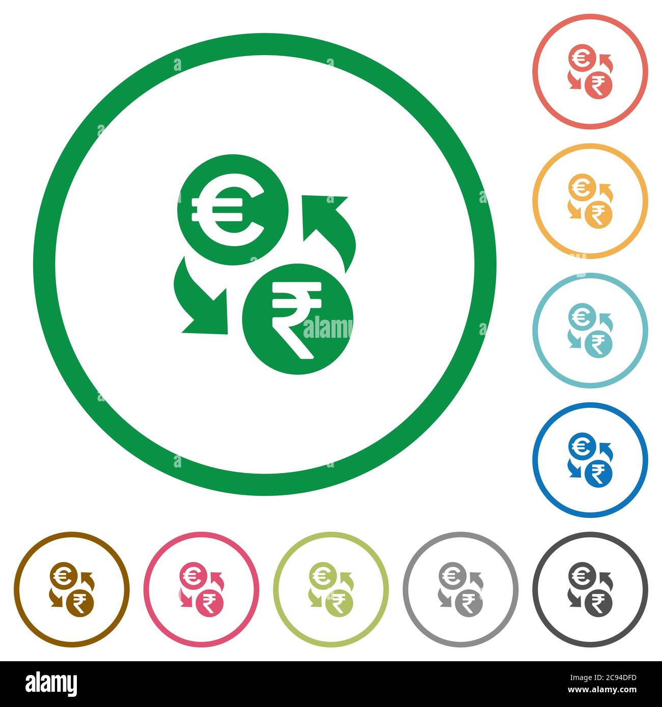 Euro Rupee money exchange flat color icons in round outlines on white ...