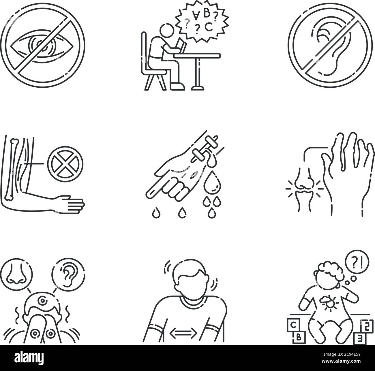 Illness types linear icons set. Deafness and blindness. Student with ...